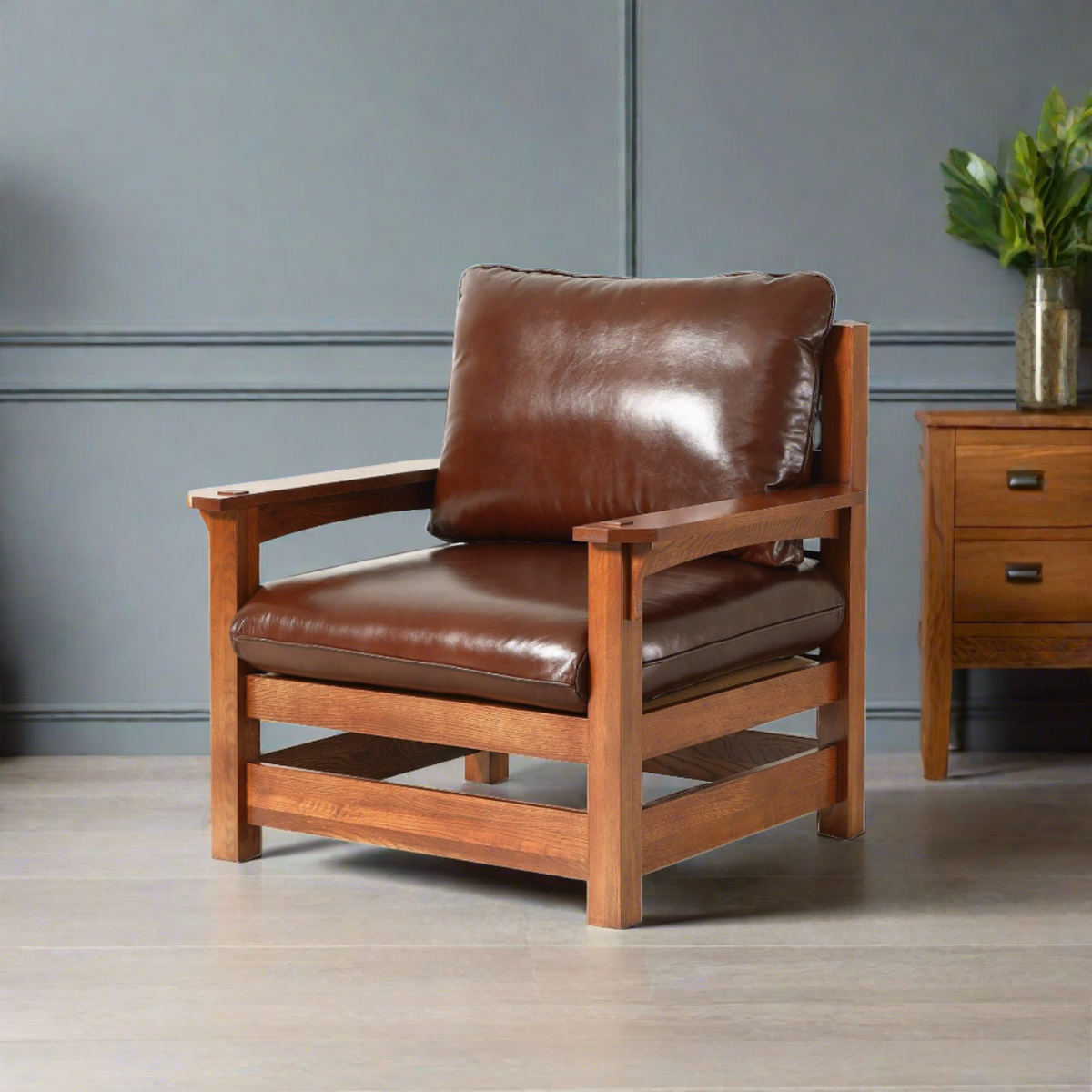 Preorder Mission Leather and Oak Armchair / Living Room chair - Chestn ...