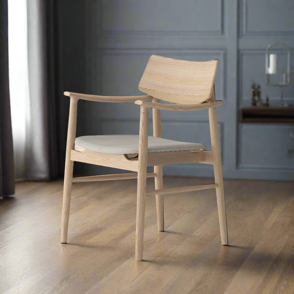 Isabella Mid Century Dining Arm chair - Solid Oak Wood and Fabric seat ...