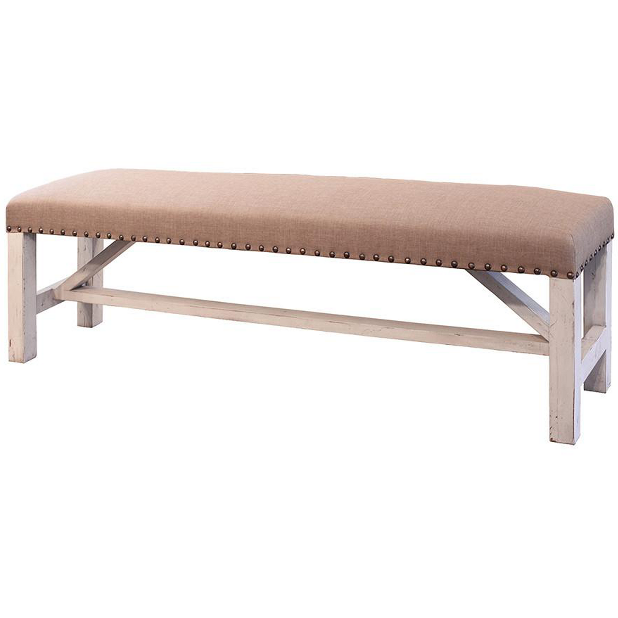 Distressed White Dining Bench with Cream Linen Fabric Seat Top ...