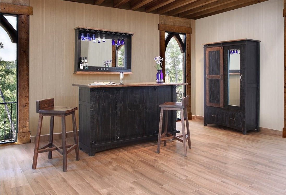 Rustic Distressed Wood Black Barndoor Bar Counter Liquor Cabinet ...