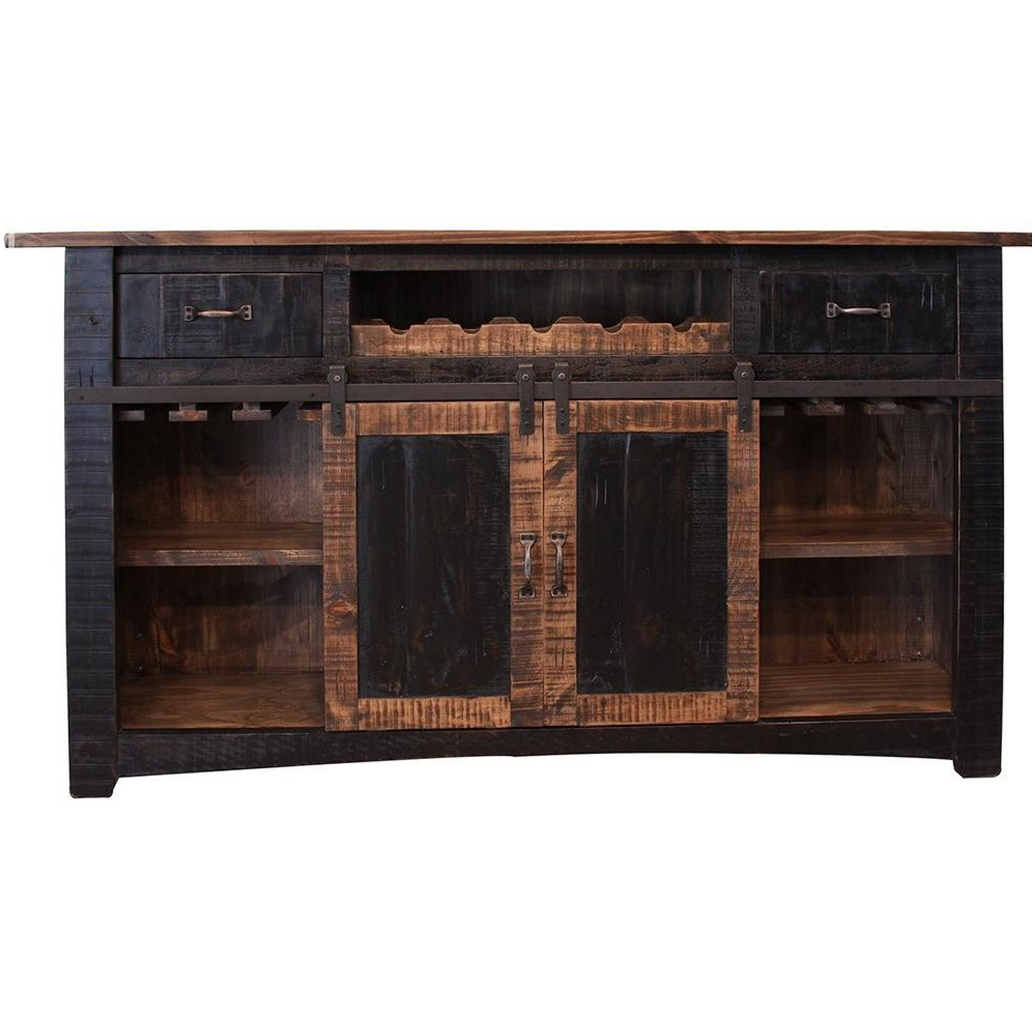 Rustic Distressed Wood Black Barndoor Bar Counter Liquor Cabinet ...