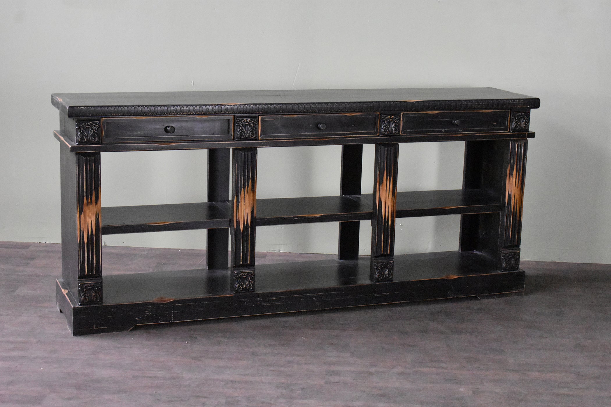 Carved Wood Tribal Style Console Table / TV Stand - Black — Crafters ...