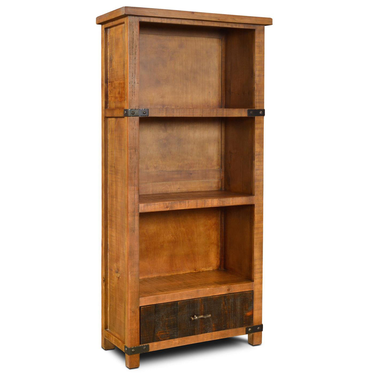 Rustic Modern Solid Natural Wood Brown Bookcase with Drawer - 72"H ...