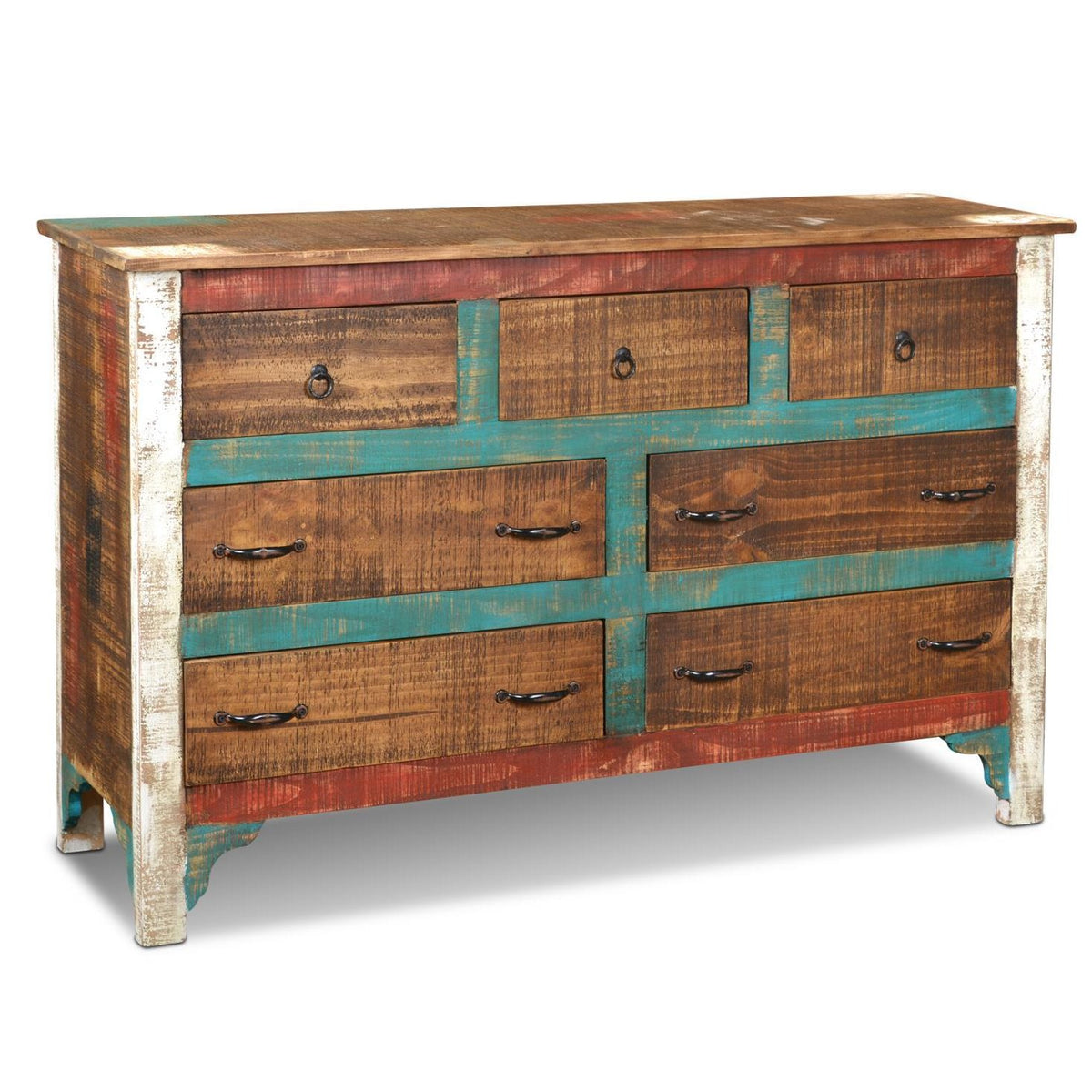 Solid Wood Reclaimed Style Bright Multicolor 7 Drawer Dresser Chest ...